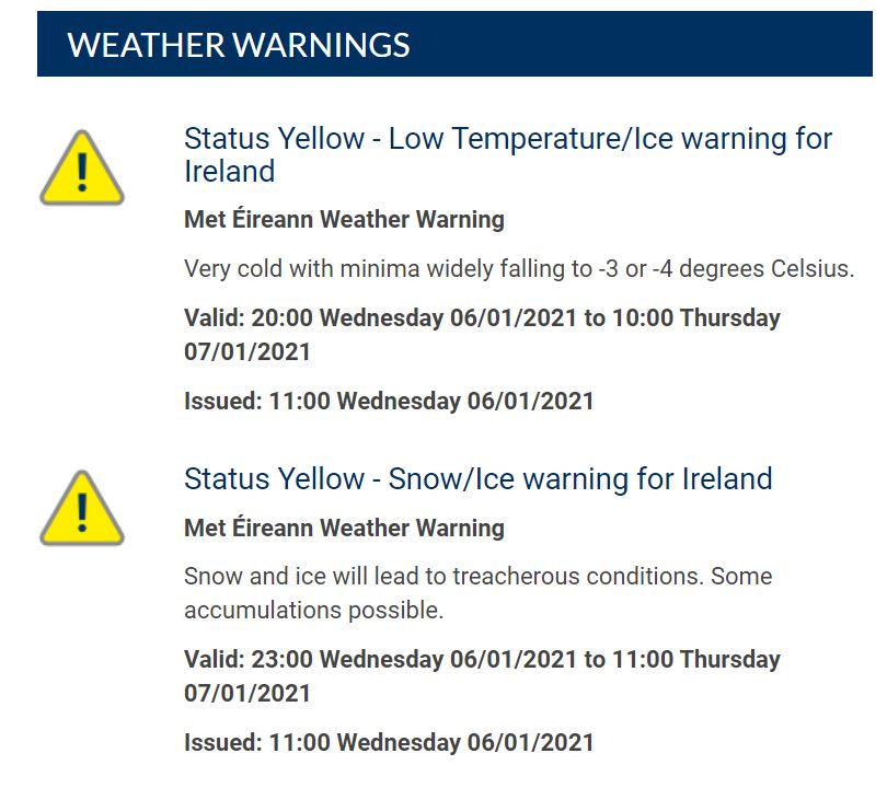 LATEST: Two Weather Warnings issued for Kildare and rest of Ireland ...